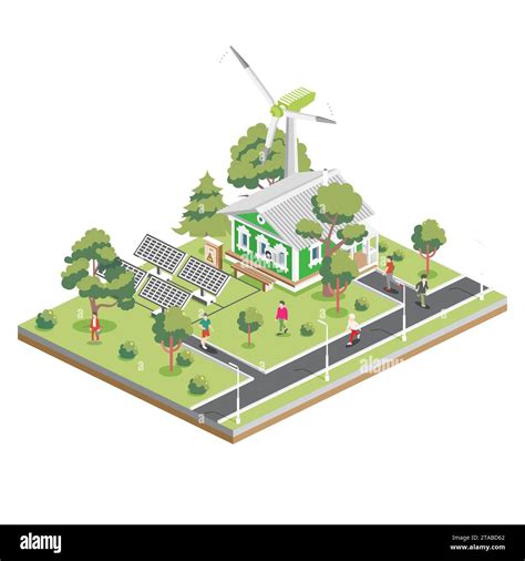 Isometric Old House With Solar Panels And Wind Turbine In Suburb Eco