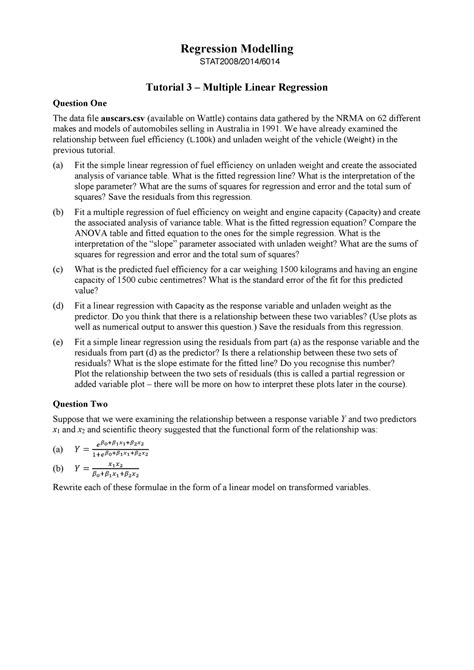 Tutorial 3 Tut 3 Regression Modelling Stat2008stat4038stat6038 Tutorial 3 Multiple