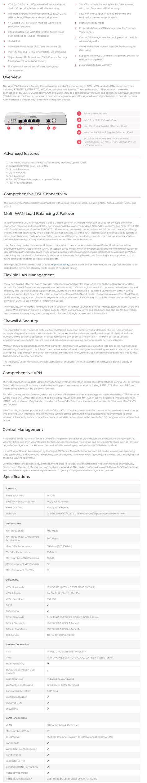 Draytek Vigor Multi Wan Vdsl Adsl Firewall Qos Ipv Modem Router
