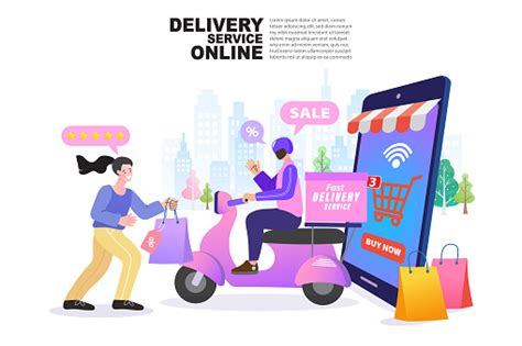 전자 상거래 개념 온라인 쇼핑 온라인 배달 서비스 개념 휴대 전화를 통해 스쿠터로 빠른 배달 스쿠터를 타는 남자 벡터 그림입니다 Brand Name Video Game에