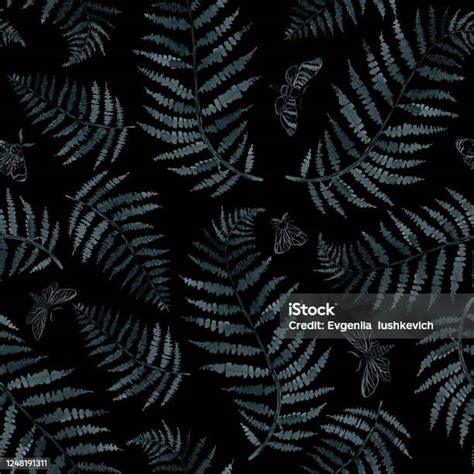 남색 고사리와 나방 분기 블루 남색 수채화 손 그리기 원활한 패턴 곤충에 대한 스톡 벡터 아트 및 기타 이미지 곤충 나방