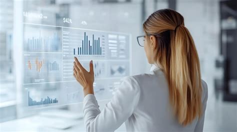 Businesswoman Analyzing Data On Interactive Screen Premium AI Generated Image