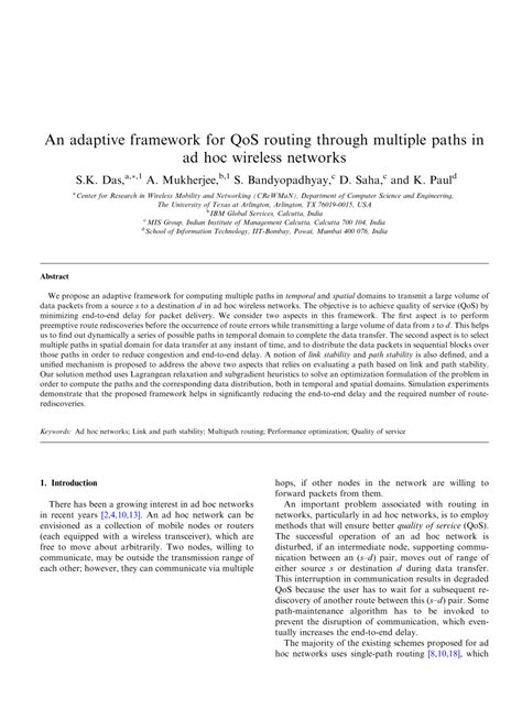 PDF An Adaptive Framework For QoS Routing Through Multiple Paths In Ad Hoc Wireless Networks