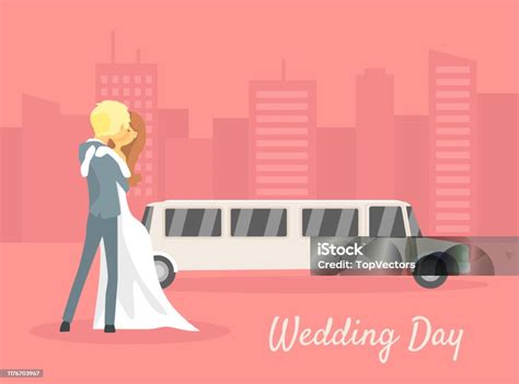 결혼식 날 행복한 그냥 결혼 로맨틱 커플 문자 옆에 서 흰색 리무진 벡터 일러스트 결혼 의식에 대한 스톡 벡터 아트 및 기타 이미지 결혼 의식 결혼식 귀여운 Istock