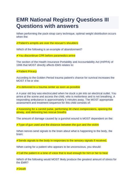 Emr National Registry Questions Iii Exams Nursing Docsity