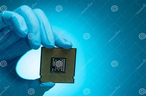 Electronic Engineer Hand Holding Computer Chip Blue Background Chipset