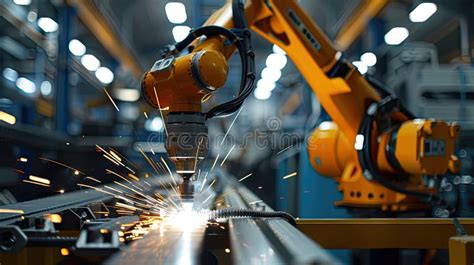 A Robotic Arm Meticulously Welds Together Steel Assembly Joint Connection Parts Emitting Sparks
