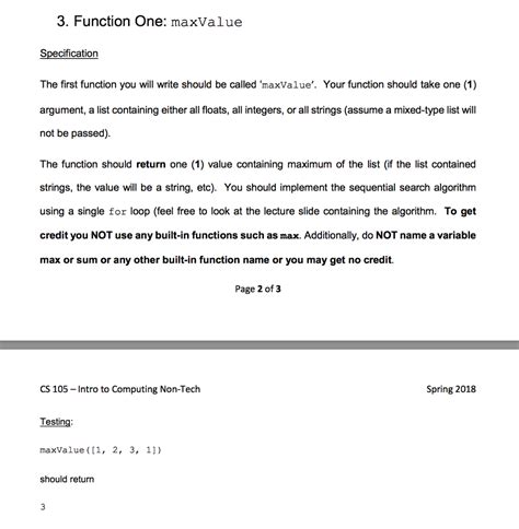 Solved 3 Function One Maxvalue Specification The First