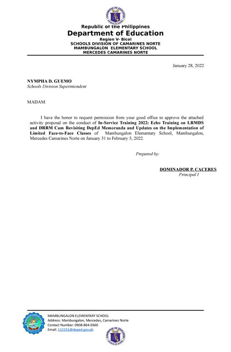 Inset Proposal Inset Proposal Department Of Education Region V Bicol SCHOOLS DIVISION OF