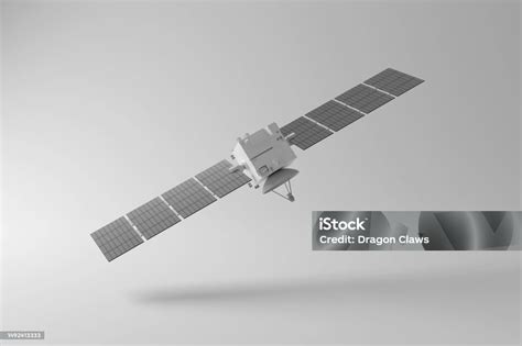 공중에 떠 있는 흰색 통신 위성은 회색조 단색을 만드는 흰색 배경에 그림자를 드리운다 우주 기술의 개념에 대한 삽화 위성 우주선에 대한 스톡 사진 및 기타 이미지 Istock