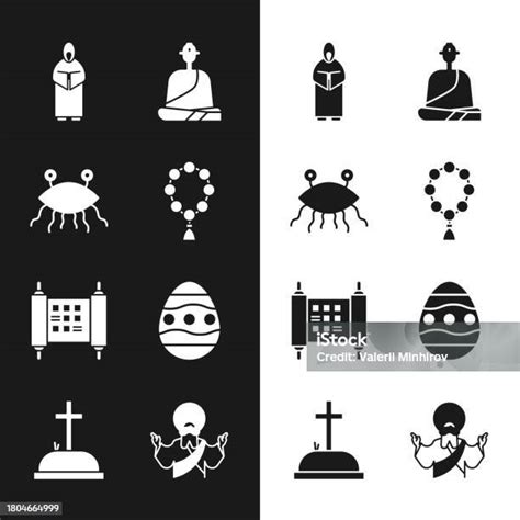 묵주 구슬 종교 Pastafarianism 수도사 불교 승려 법령 종이 양피지 두루마리 부활절 달걀 예수 그리스도 및 십자가 아이콘이 있는 묘비를 설정합니다 벡터 0명에