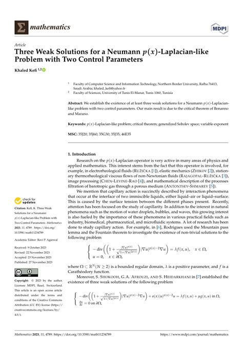 Pdf Three Weak Solutions For A Neumann P X Laplacian Like Problem With Two Control Parameters