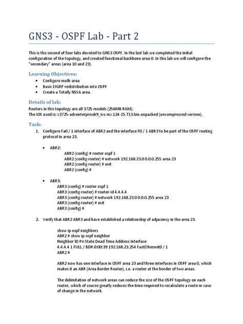 Gns3 Ospf Lab Part 2 Learning Objectives Pdf Network Layer