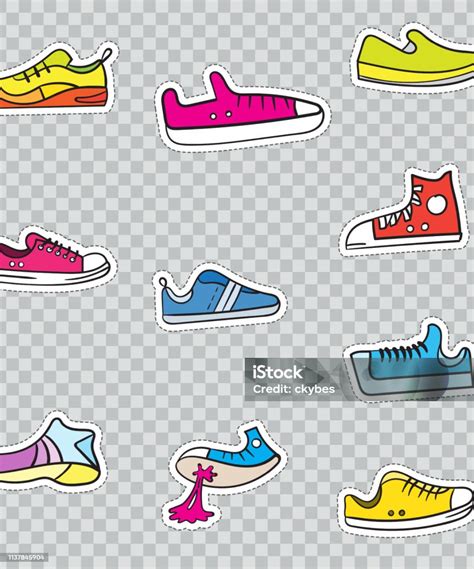 신발과 운동 화를 사용한 패치 배지 벡터 일러스트 레이 션에 고립 된 투명 한 배경입니다 만화 80 S90의 만화 스타일에