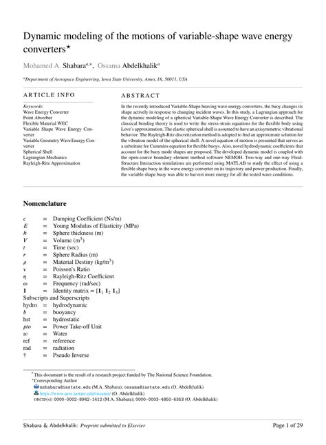Pdf Dynamic Modeling Of The Motions Of Variable Shape Wave Energy