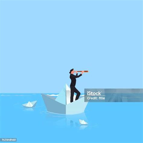 비전 비즈니스 개념 종이 배에 서서 망원경을 바라보며 미래를 보는 성공적인 사업가 벡터 디자인 손에 스파이 글래스 검색 솔루션 기대하는 사람 여자에 대한 스톡 벡터 아트 및