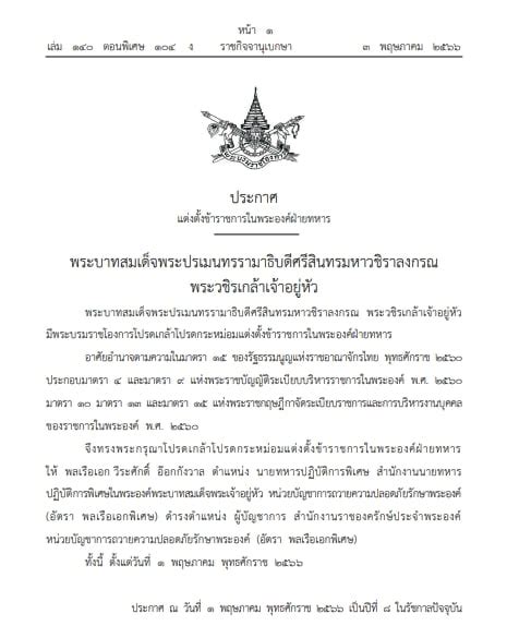 โปรดเกล้าฯ พล ร อ วีระศักดิ์ เป็น ผบ สนง ราชองครักษ์ ประจำพระองค์หน่วยบัญชาการถวายความปลอดภัยฯ