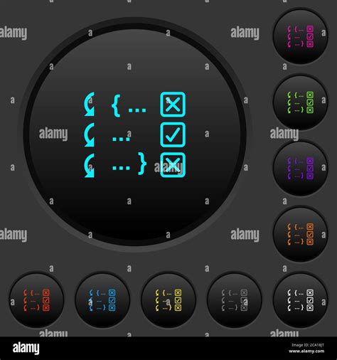 Debugging Program Dark Push Buttons With Vivid Color Icons On Dark Grey Background Stock Vector
