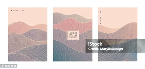 일본 산 배경 물결 모양의 선 스타일로 벡터 표지 세트 컬렉션 디자인 요소 라벨 프레임 초대장 브로셔 포장 고급 제품 향수 비누 와인 패턴에 대한 스톡 벡터 아트 및 기타