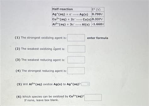 Solved 1 The Strongest Oxidizing Agent Is Enter Formula