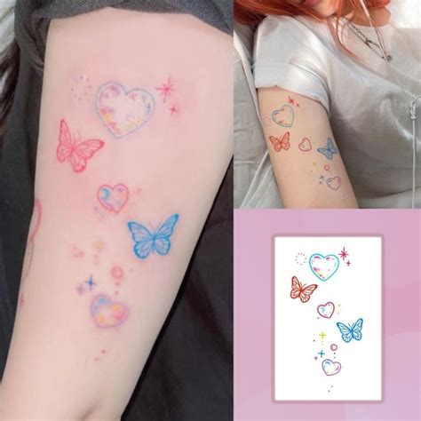 ฟองลายผีเสื ้ อสักน ่ ารักสาวแขนสักสติกเกอร ์ รอยสักกันน ้ ํายาวนาน 7 วันรอยสักปลอมชั ่ วคราว