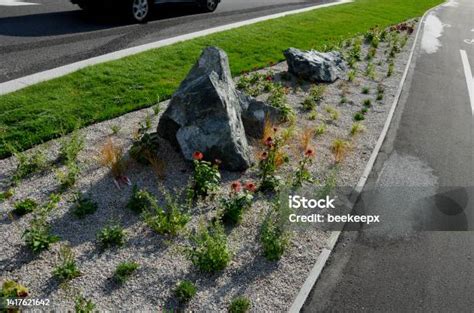 차선과 도로 사이에 섬이 나뉘어 보행자와 자전거 타는 사람들을위한 산책로 아스팔트에 페인트가 뿌려진 도로 표시 바퀴 화살표 및 삼각형 교통 표지판 픽토그램 럭셔리 스파