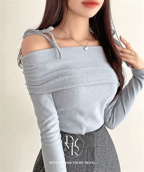 겉기모5color 겨울 기모 리본 끈 오프숄더 슬림핏 어깨 트임 골지 긴팔 티셔츠 어깨리본티 에이블리