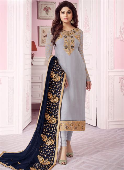 Churidar Suits Online Wholesale Light Grey Georgette Churidar Suit