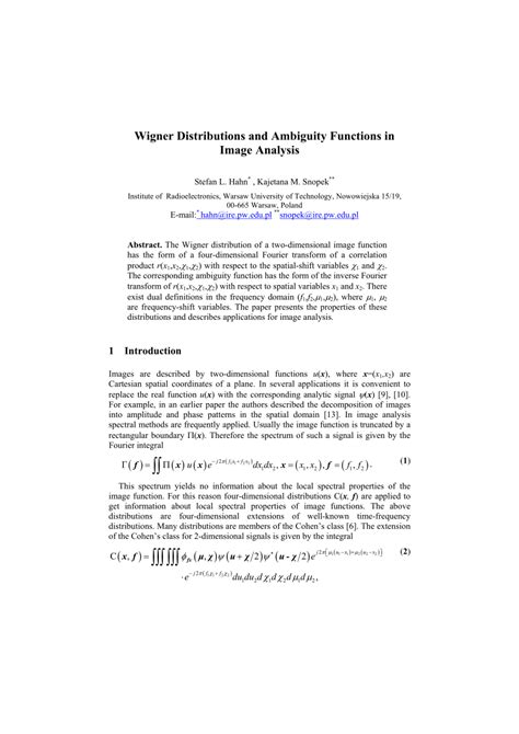 Pdf Wigner Distributions And Ambiguity Functions In Image Analysis