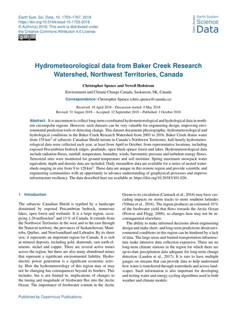 Pdf Hydrometeorological Data From Baker Creek Research Watershed Northwest Territories Canada
