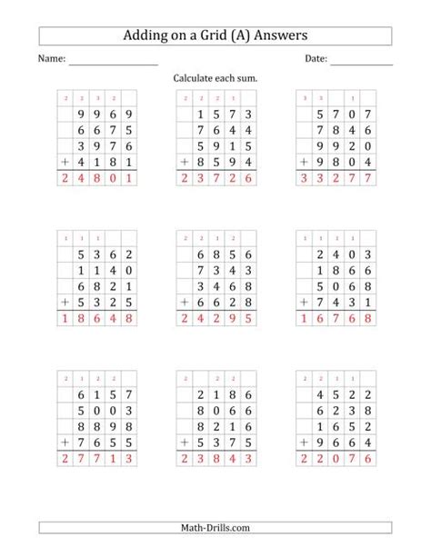 Adding Four 4 Digit Numbers On A Grid A