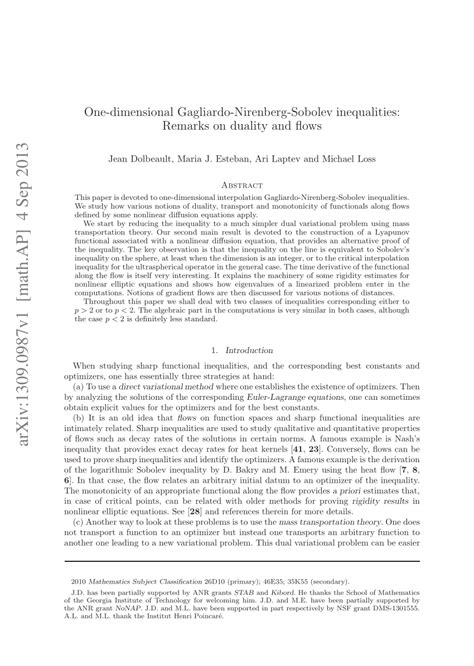 Pdf One Dimensional Gagliardo Nirenberg Sobolev Inequalities Remarks On Duality And Flows