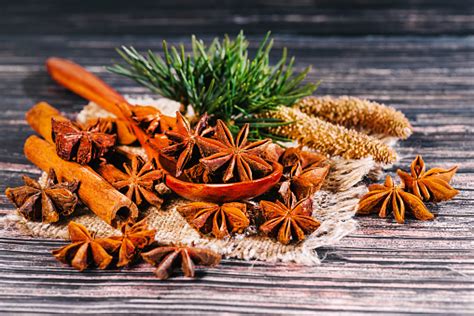 계피 스틱 스타 아니스 가을과 겨울 온난화 음료를 준비하기위한 말린 레몬 화환과 보케재료요리 크리스마스 장식을위한 크리스마스 트리의 배경에 대해 갈색에 대한 스톡 사진 및