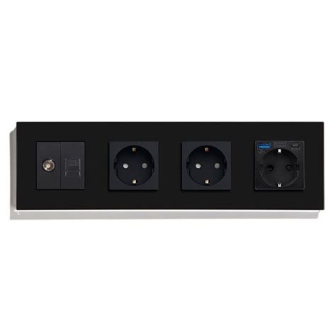 Розетка электрическая 4 поста с Usb Type C Rj45 ТВ Компьютер 220В 16А Стекло Рамка черный