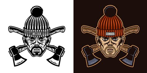강모와 교차 도끼가 있는 니트 모자를 쓴 벌목꾼 머리 흰색에 검은색과 어두운 배경 벡터 그림에 다채로운 두 가지 스타일 개성 개념에 대한 스톡 벡터 아트 및 기타 이미지