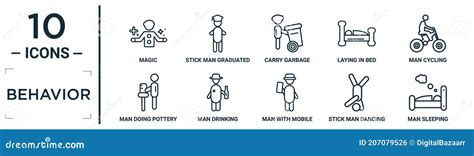 Behavior Linear Icon Set Includes Thin Line Stick Man Jumping Old Man Walking Man Working At