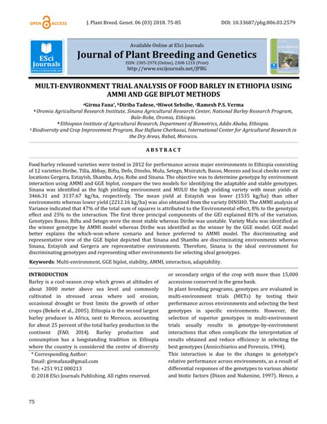 pdf multi environment trial analysis of food barley in ethiopia using