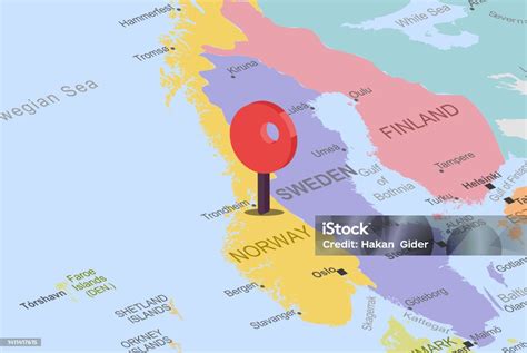 유럽지도에 빨간색 위치 자리 표시자가있는 노르웨이 노르웨이 닫기 위치 아이콘이있는 화려한지도 여행 아이디어 휴가 개념 선거 운동