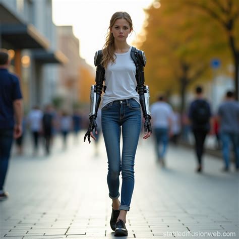 Young Female Android Walking Down Sidewalk Stable Diffusion Online
