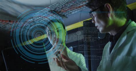 Image Of Data Over Diverse Male And Female It Engineers With Laptop By