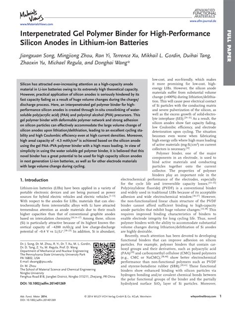 Pdf Interpenetrated Gel Polymer Binder For High Performance Silicon