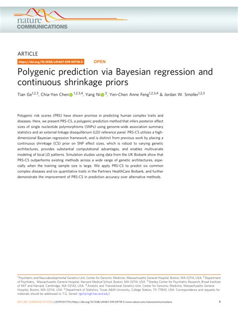 Pdf Polygenic Prediction Via Bayesian Regression And Continuous Shrinkage Priors