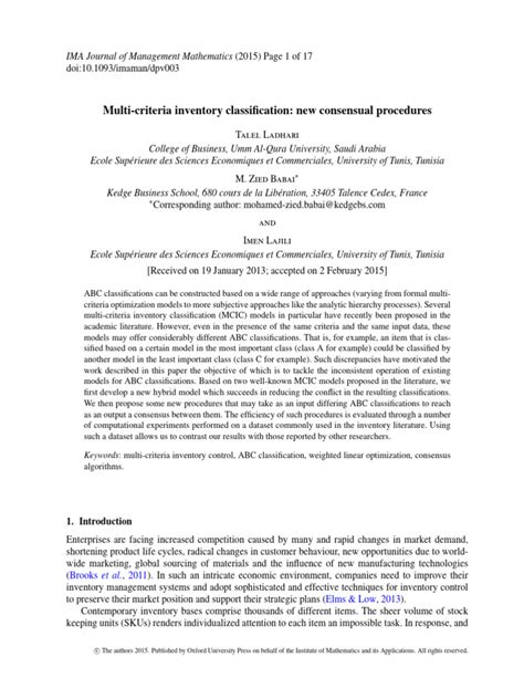 Multi Criteria Inventory Classification New Consensual Procedures Pdf Statistical