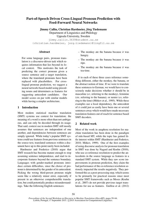 Pdf Part Of Speech Driven Cross Lingual Pronoun Prediction With Feed