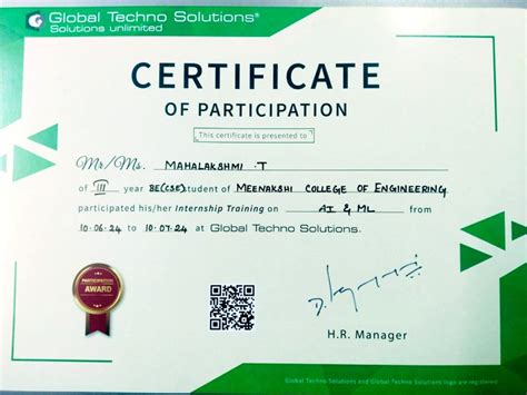 Completed A 1 Month Internship At Global Techno Solutions Mahalakshmi T Posted On The Topic