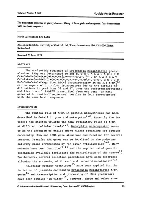 Pdf The Nucleotide Sequence Of Phenylalanine Trna2 Of Drosophila