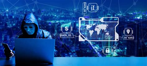 Anonymous Computer Hacker In White Mask He Using Laptop Computer For Cyber Attack And Talking