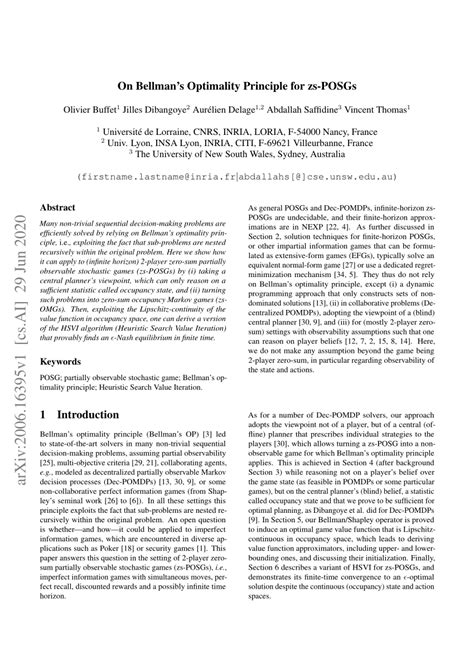 Pdf On Bellmans Optimality Principle For Zs Posgs