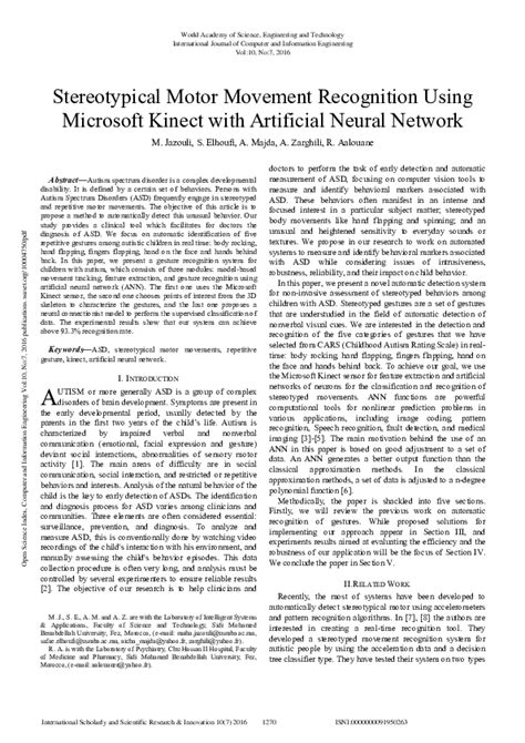 Pdf Stereotypical Motor Movement Recognition Using Microsoft Kinect