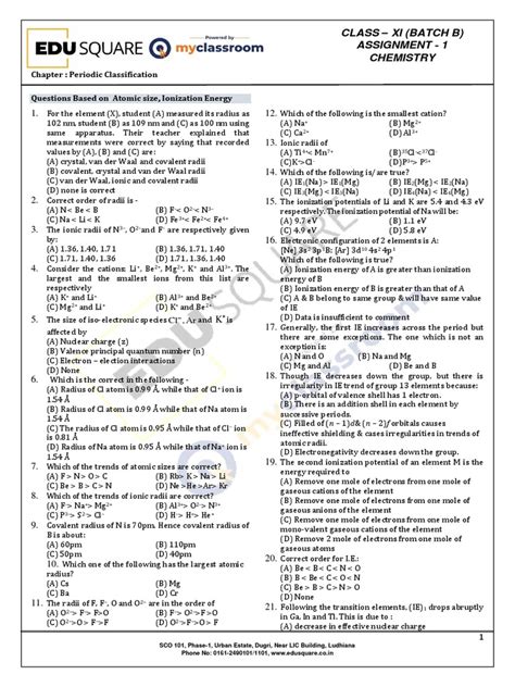 101 Assignment Periodic Classification Chemistry Pdf Ion